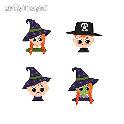 Set of girl, boy and baby with white and green skin, red hair, big eyes ...
