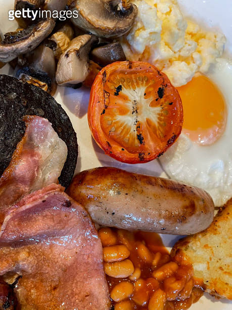 Full frame image of full-English fried breakfast of bacon rasher ...