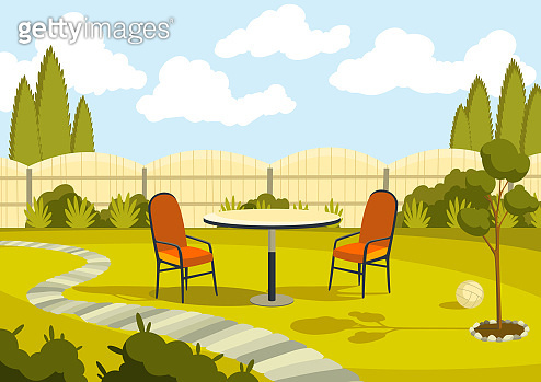 Patio area with cartoon table and chairs. Sunny courtyard area with ...