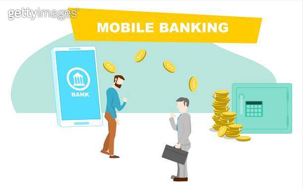 Mobile banking concept. People using mobile phone to control and supervise their finances flat ...