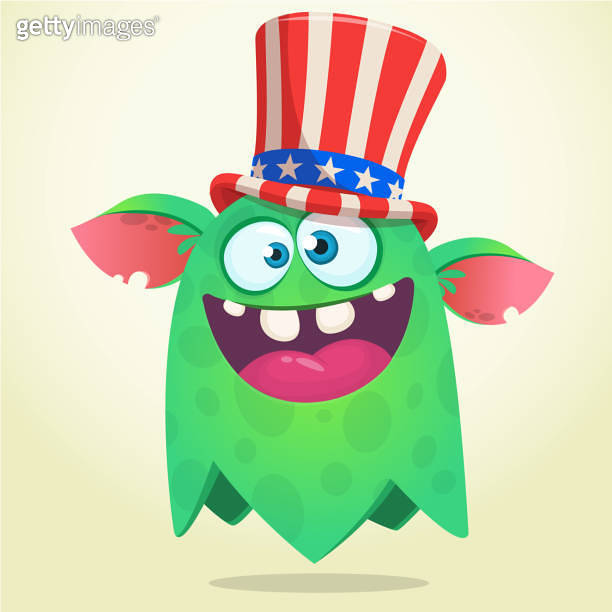 Cartoon funny monster wearing American uncle Sam hat on USA ...