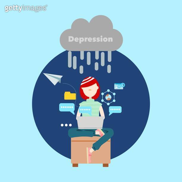 Depression from work and social media. Flat design vector illustration ...