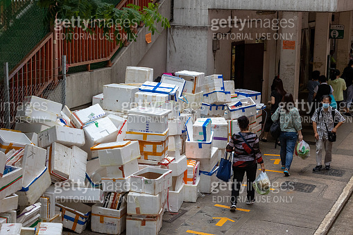 Polystyrene boxes at Chun Yeung Street Market in North Point, Hong Kong ...