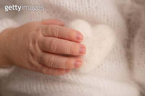 Tiny hand of a newborn baby. Soft hands of new born in white clothes ...