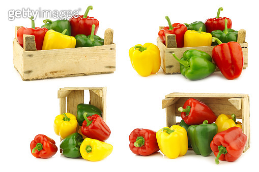 colorful mix of paprika's (capsicum) in a wooden box (1316456024) - 게티이미지뱅크