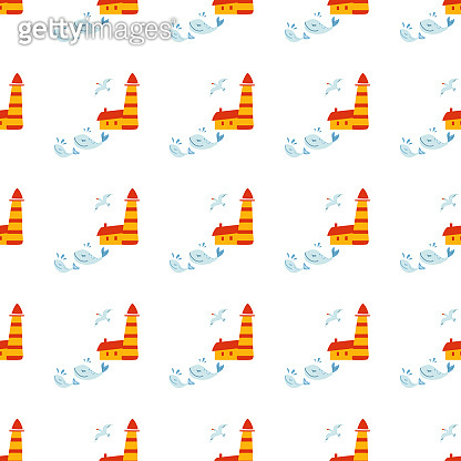 Seamless sea vector pattern, lighthouse, whales, seagull cartoon hand ...