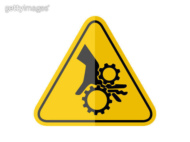 isolated watch out machine operation, common hazards symbols on yellow ...