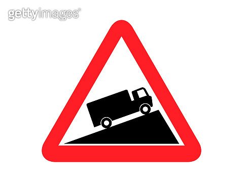 isolated slow moving vehicle steep hill climb lorries road sign round ...