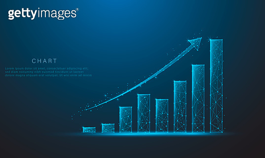 Abstract image of a growth chart in glowing blue. Low polygon, particle ...