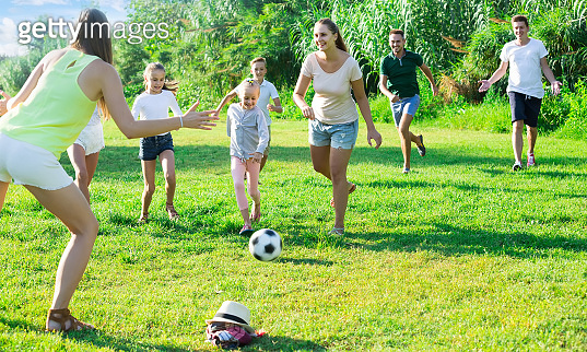 Two friendly families with children playing football in nature at ...