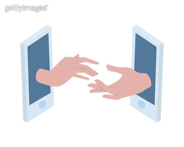 Male and female hand come out of phones and reach for each other, the ...