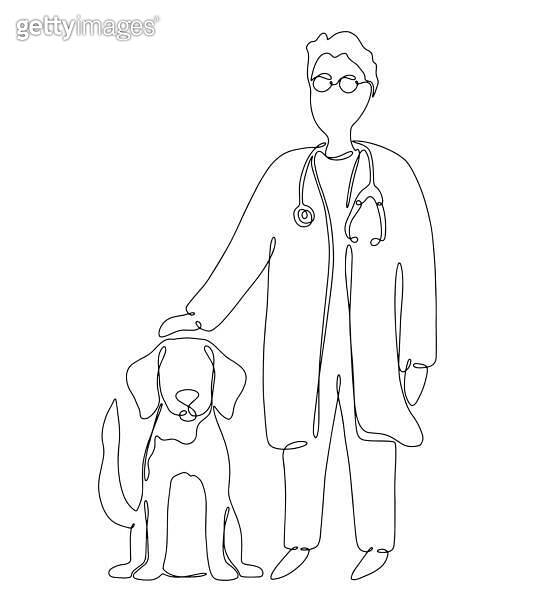 Drawn veterinarian doctor examining and care of sick dog. Pet health ...