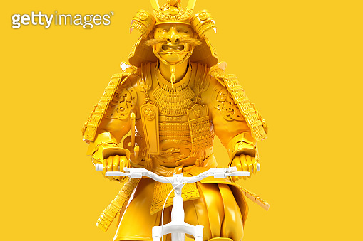 Close-up of samurai in full armor riding a bicycle. 3D illustration ...