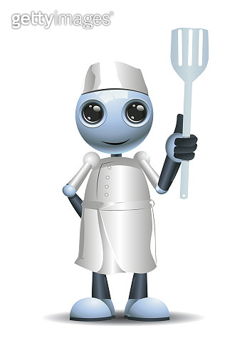 3D illustration of a little robot chef hold a spatula ready to grill on ...