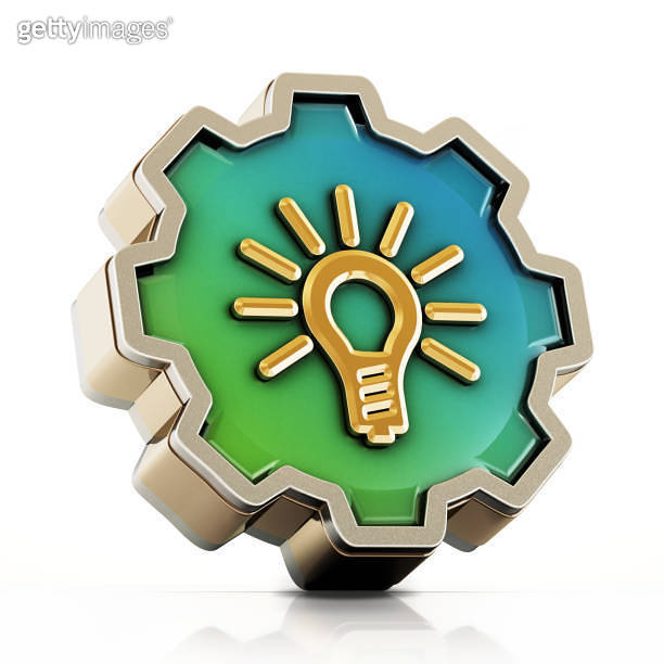 Gold lightbulb symbol on gear shaped button isolated on white ...