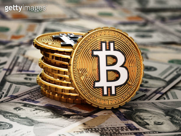 3D illustration of fictitious crypto money coins stack on dollar bills ...