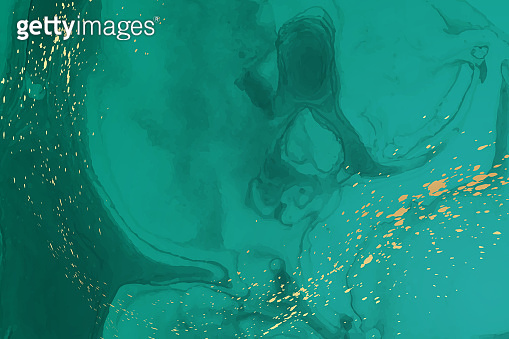 Watercolor background with abstract turquoise green ink waves and ...