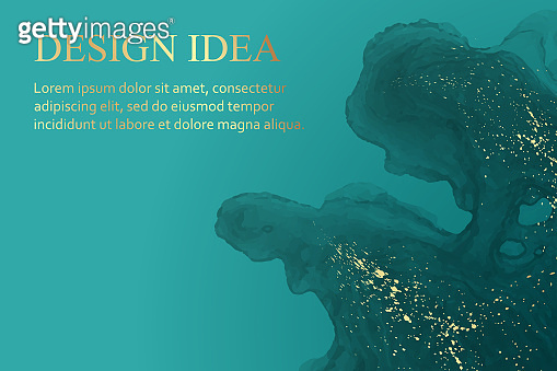 Watercolor background with abstract turquoise green ink waves and ...