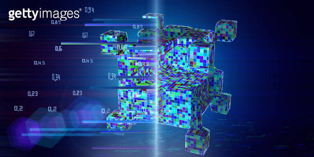 Abstract technology background with color grid of poly cube and spot. Analytics algorithms data ...