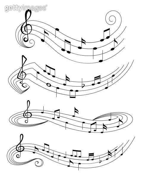 Set of music notes on staves. Music staff black notes symbols in ...