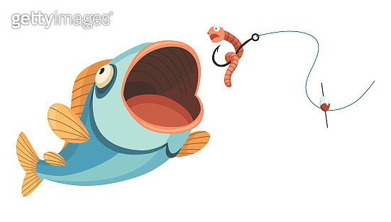 Fish catch. Cartoon fish catching the fishing lure. Jumping to catch a ...