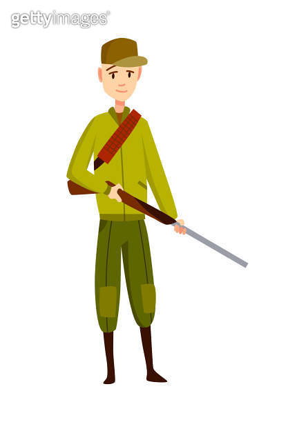 Hunter character with rifle. Man with a gun in camouflage in cartoon ...