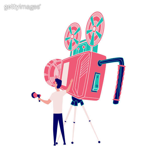 Operator with camera and horn. Superhero films. Movie shooting and ...