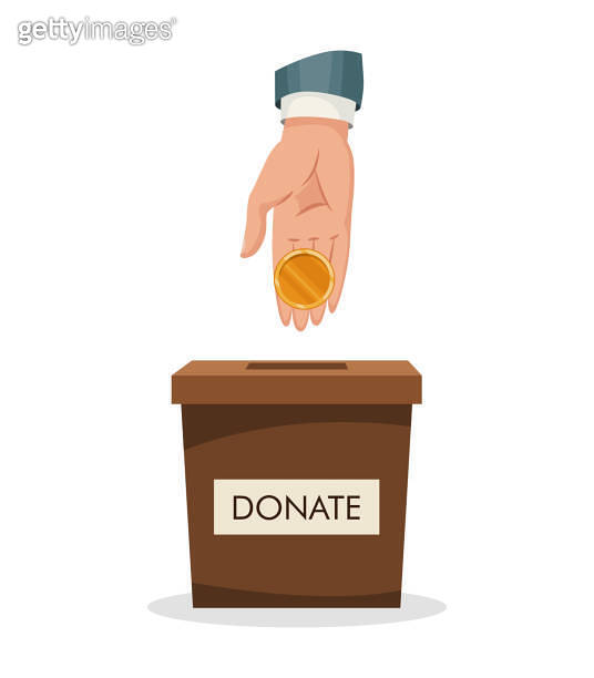Donation box with human hand insert golden coin, money. Man throws gold ...