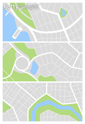 City map set. Town streets with green line park and river. Downtown gps ...