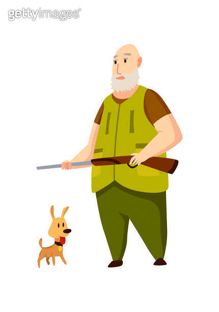 Old hunter character with rifle and little hunting dog . Man with a gun ...