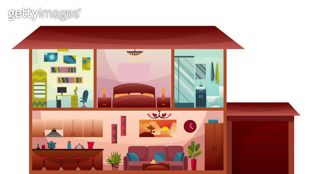 Two-storey cottage house cross section interior. Modern cottage with ...