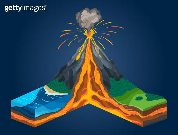 Isometric of volcano in cross section infographic. Structure include ...