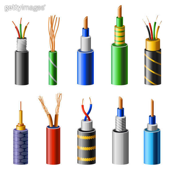 Electrical copper cable. Set with varieties of electric wire ...