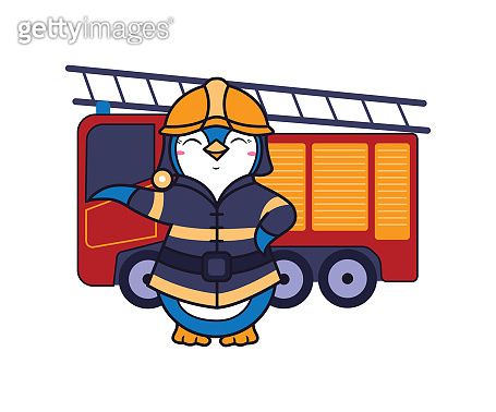 The cute penguin is a fireman. Funny animal character for little kid ...