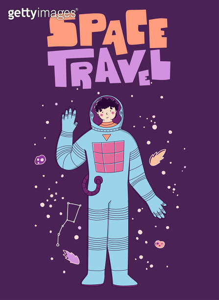 Flat cartoon character spaceman. Space travel lettering. Astronaut ...