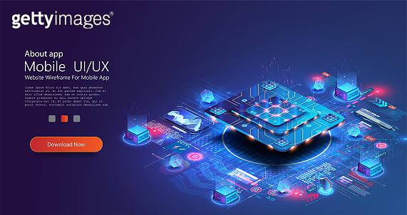 Futuristic microchip processor with lights on the blue background. Quantum computer, large data ...