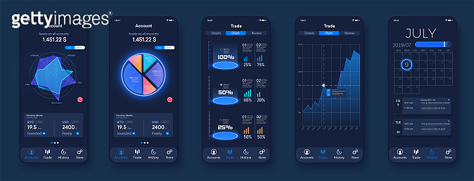 Pie charts, workflow, web design, UI/UX elements. Phone screen with ...