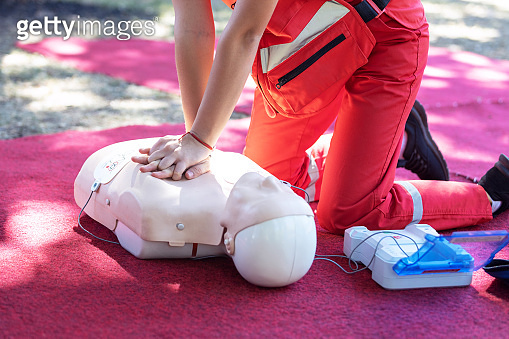 First aid and CPR course using automated external defibrillator device ...