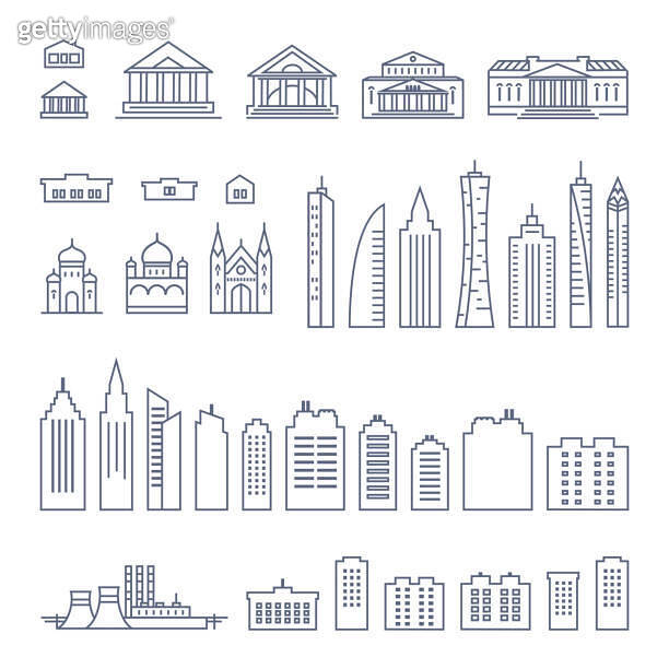 city buildings line icon set - various types of government buildings ...