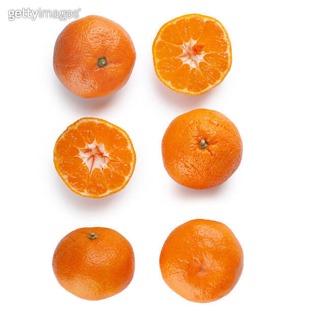 ripe orange tangerines on white isolated background in different angles ...