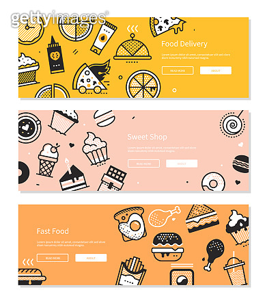 Food - line design style banners with three colored backgrounds 이미지 ...