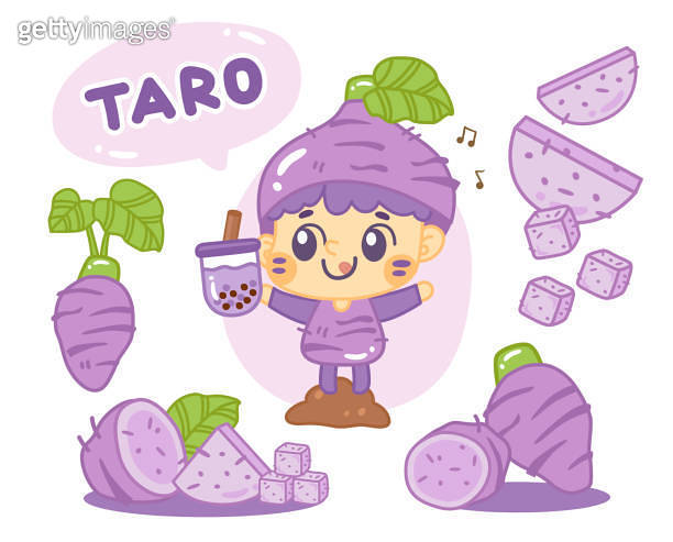 Character Taro holding milk taro bubble ,Taro root, Taro sliced ...