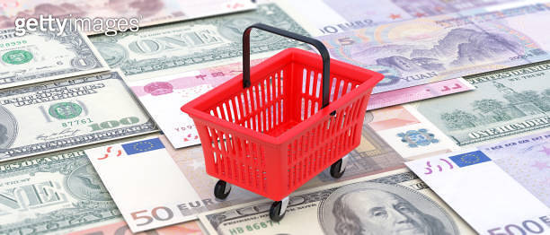 Supermarket shop basket empty on banknotes. Global food groceries ...