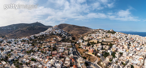 Syros island, Hermoupolis cityscape panorama aerial drone view. Greece ...