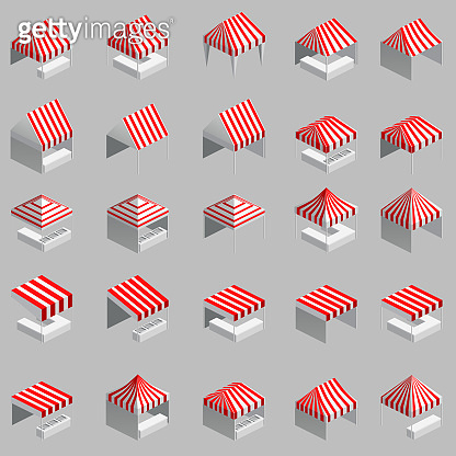 Set Isometric market stall, tent. Street awning canopy kiosk, counter ...
