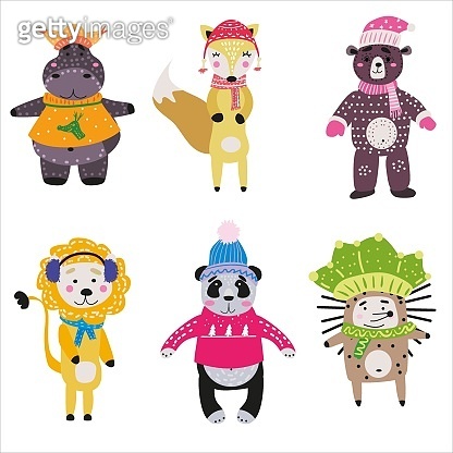 Christmas Animals set cute hippo, fox, bear, lion, panda, hedgehoge ...