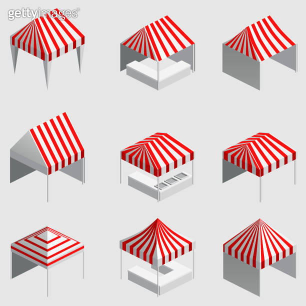 Set Isometric market stall, tent. Street awning canopy kiosk, counter ...