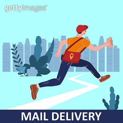 Mail delivery Postman running with bag delivering letter in envelope ...