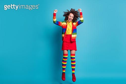 Full body photo of young attractive woman wear skirt scream shout yeah ...