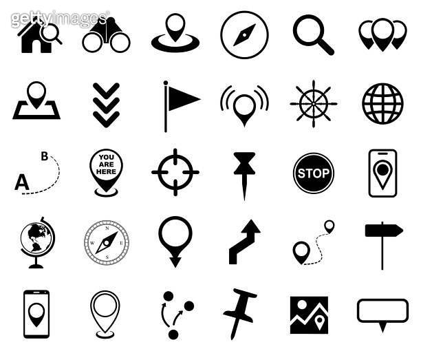 Set 1 of location icons, navigation signs, GPS location symbols ...